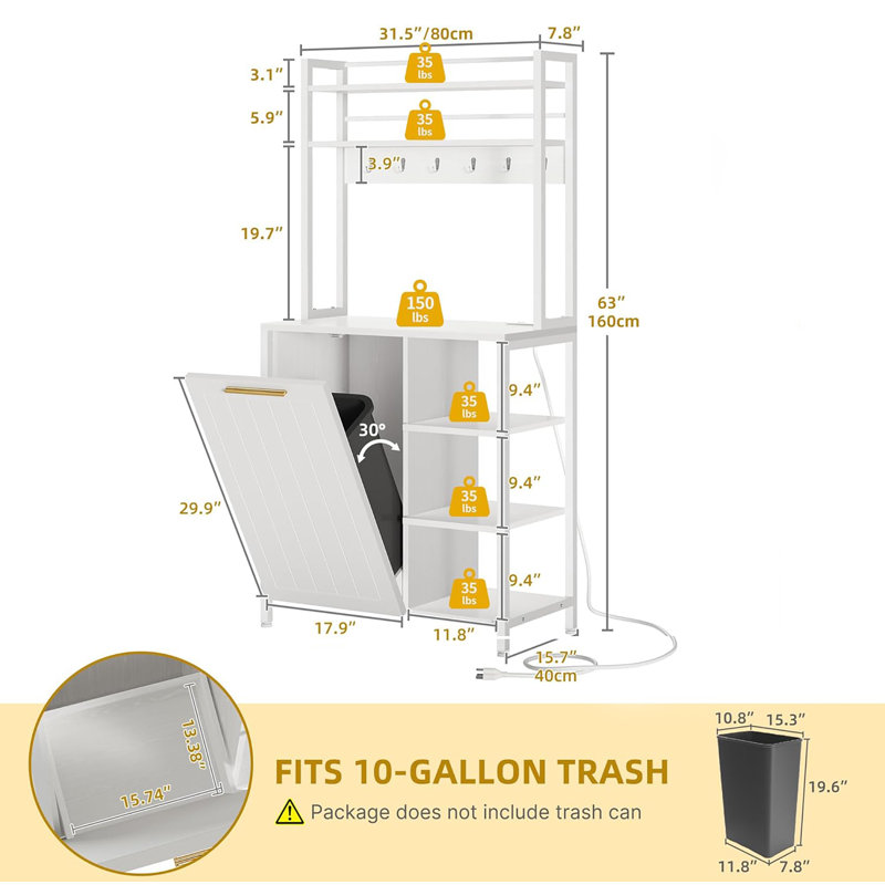 White Bakers Rack With Trash Can Bin Cabinet And Power Outlet Microwave Stand Cabinet With 6 Hooks